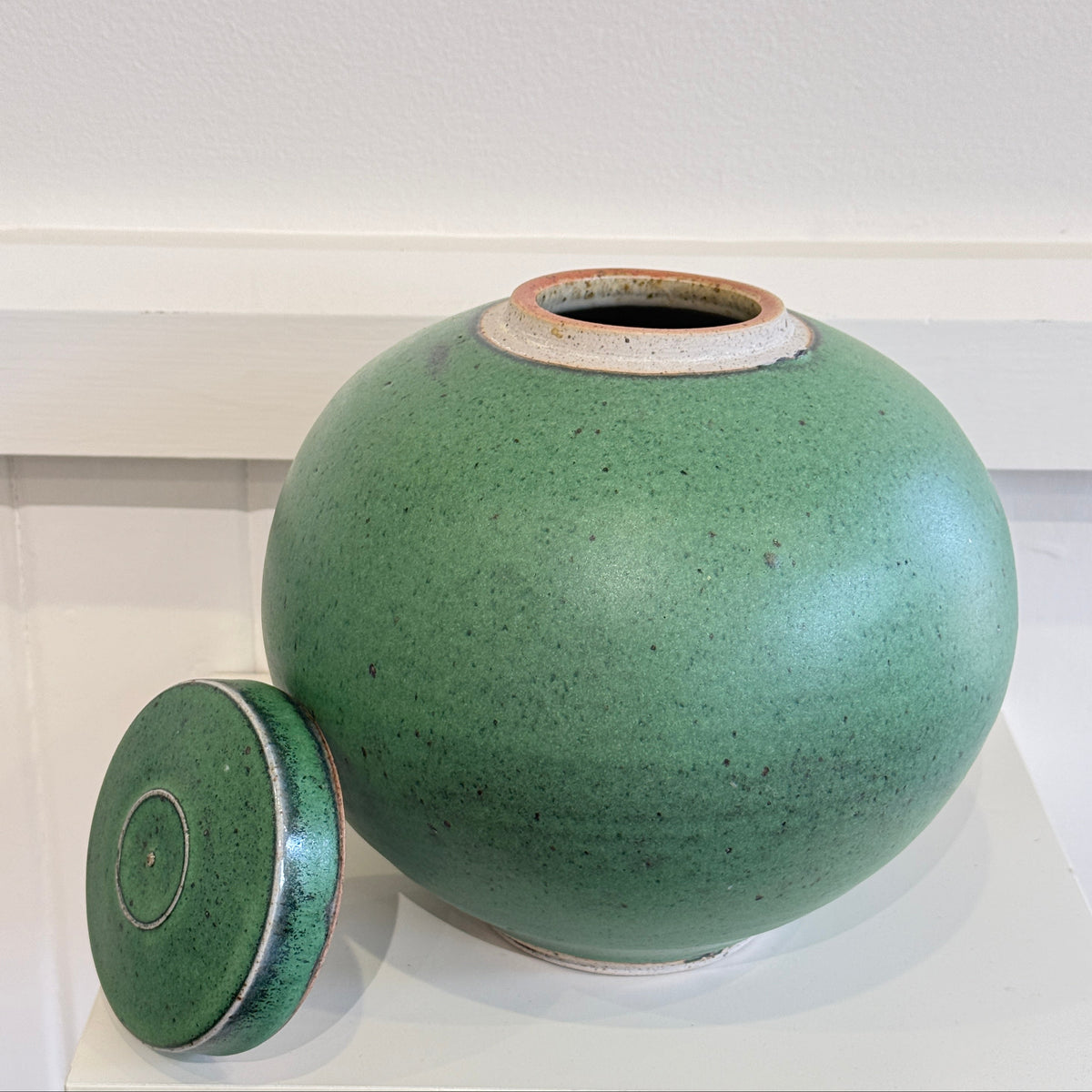 Greg Crowe -Green Lidded Sphere, 2025. Stoneware Clay, Gas Fired Reduc ...